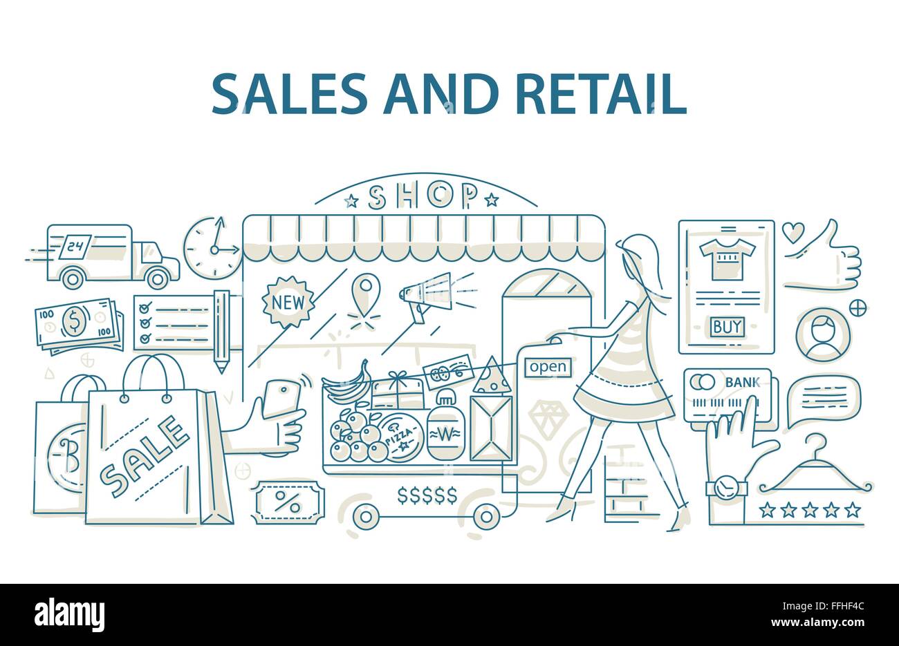 Doodle style design concept of retail commerce and shopping Stock ...