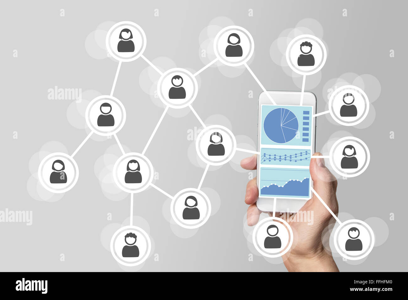 Social network big data analysis concept. Hand holding modern smart ...