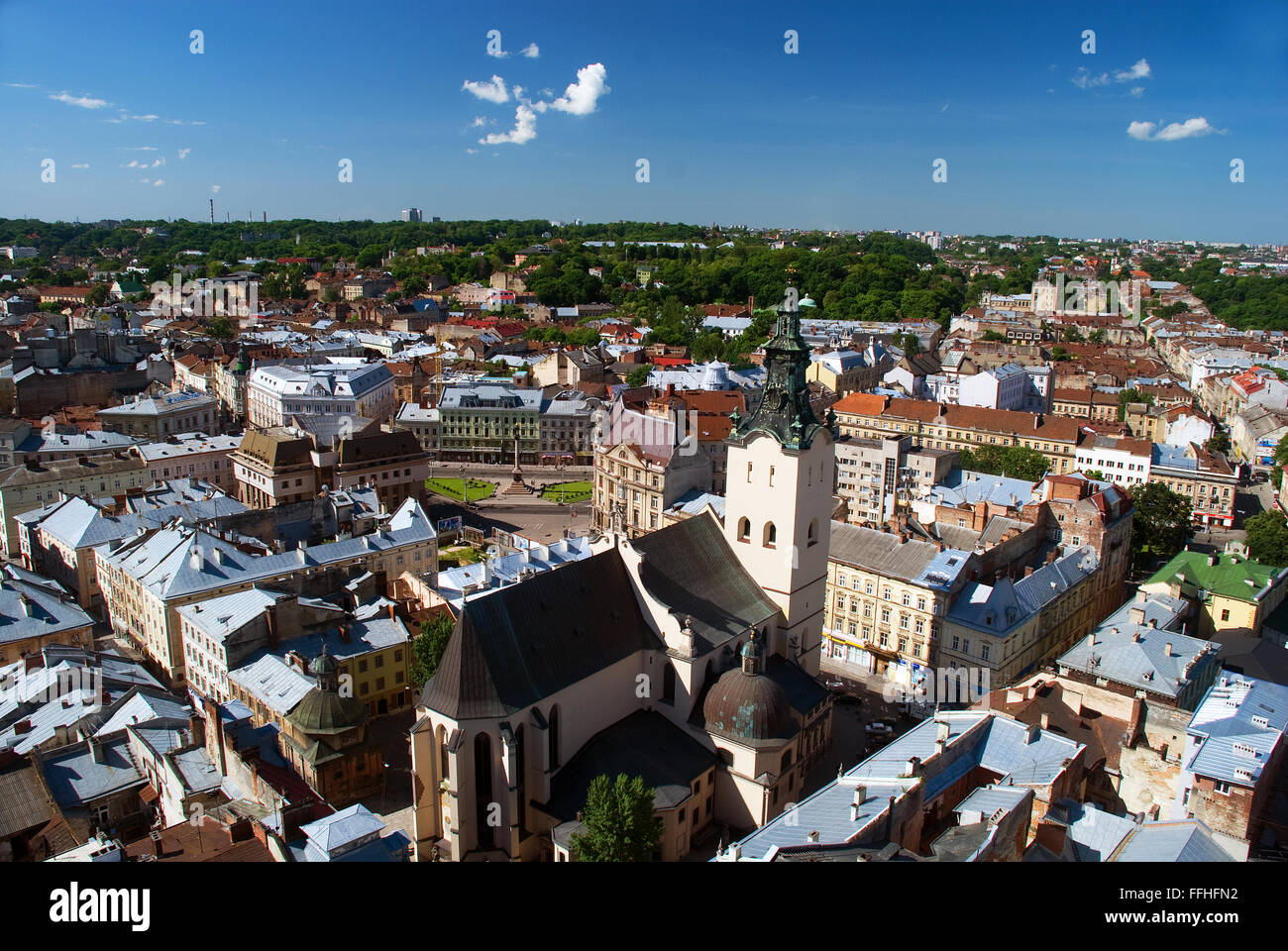 Lvov city view from height with buildings and people during the day ...