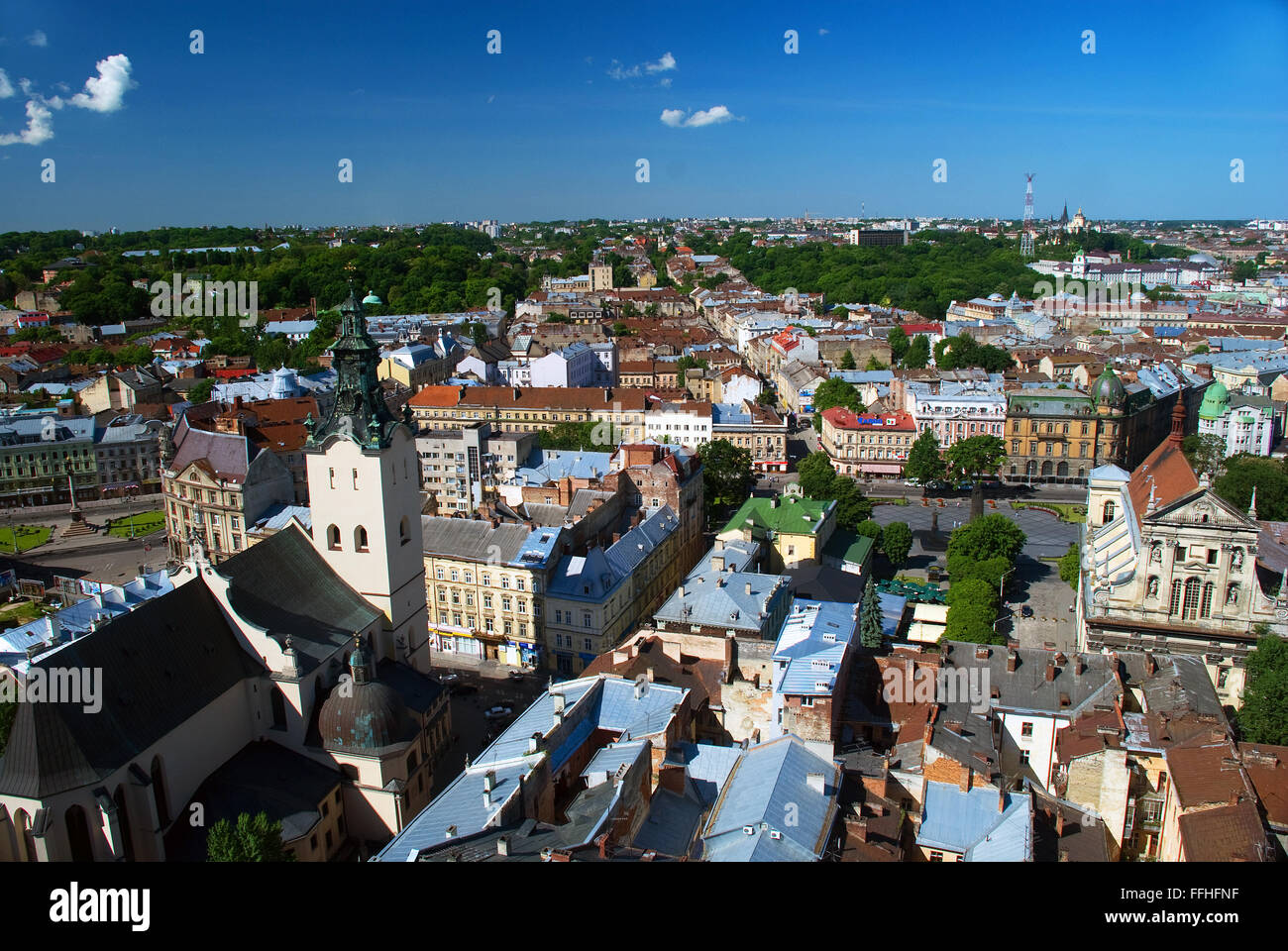 Lvov city view from height with buildings and people during the day ...