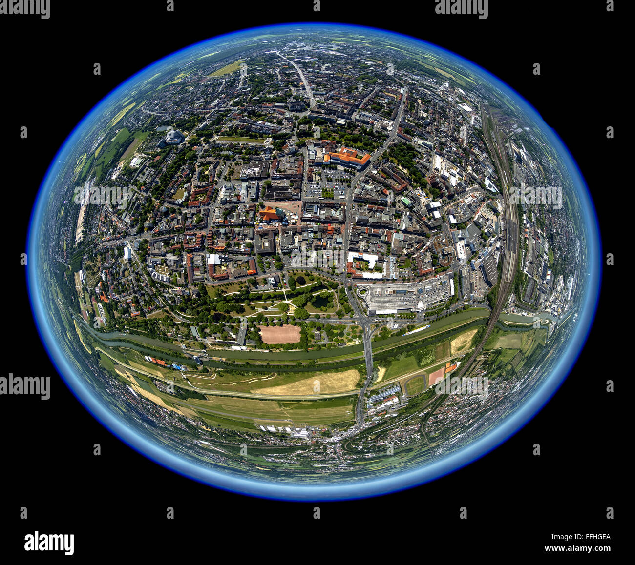 Aerial view, vertical view on the town center of Hamm, Hamm globe ...