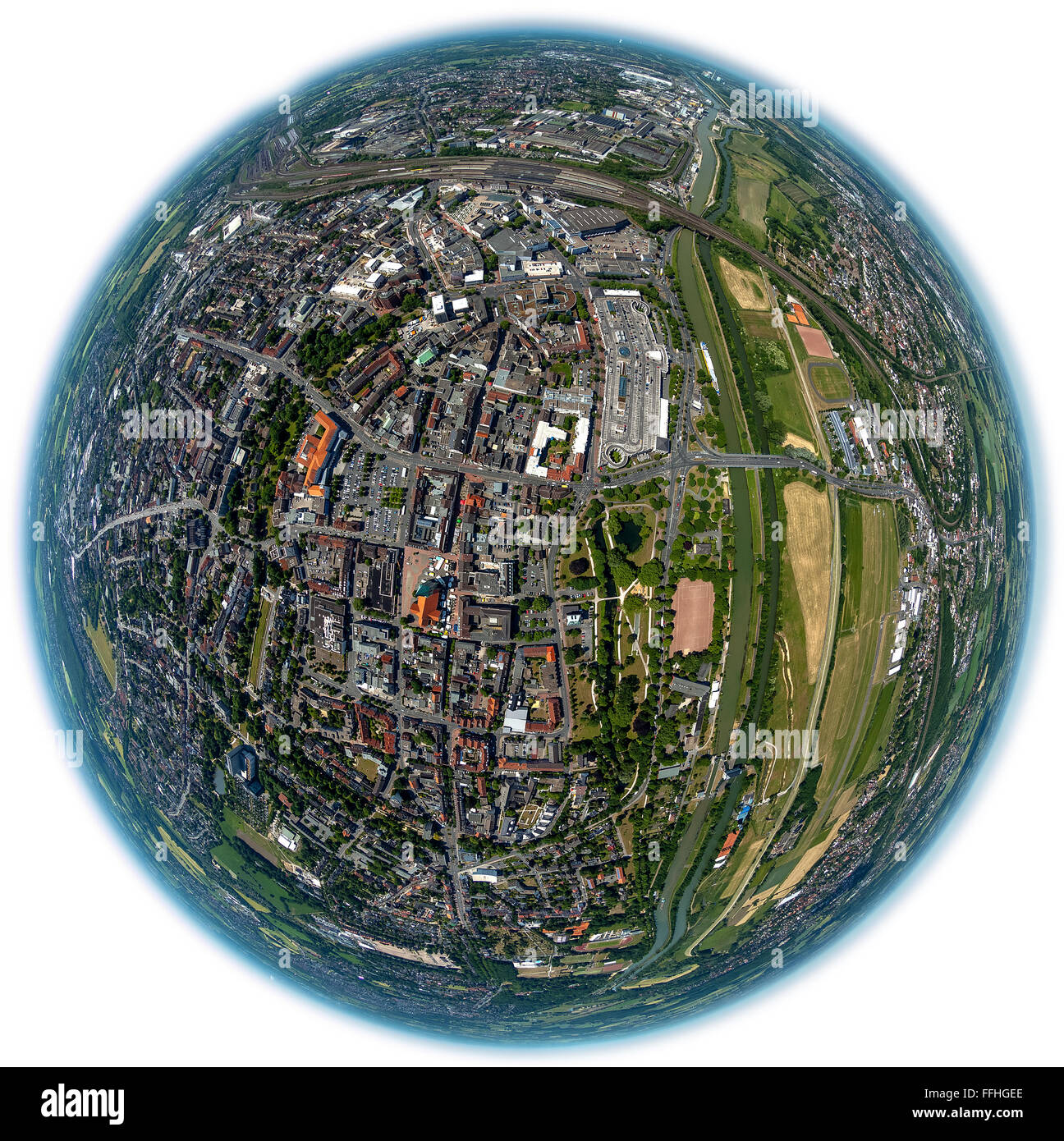 Aerial view, vertical view on the town center of Hamm, Hamm globe ...