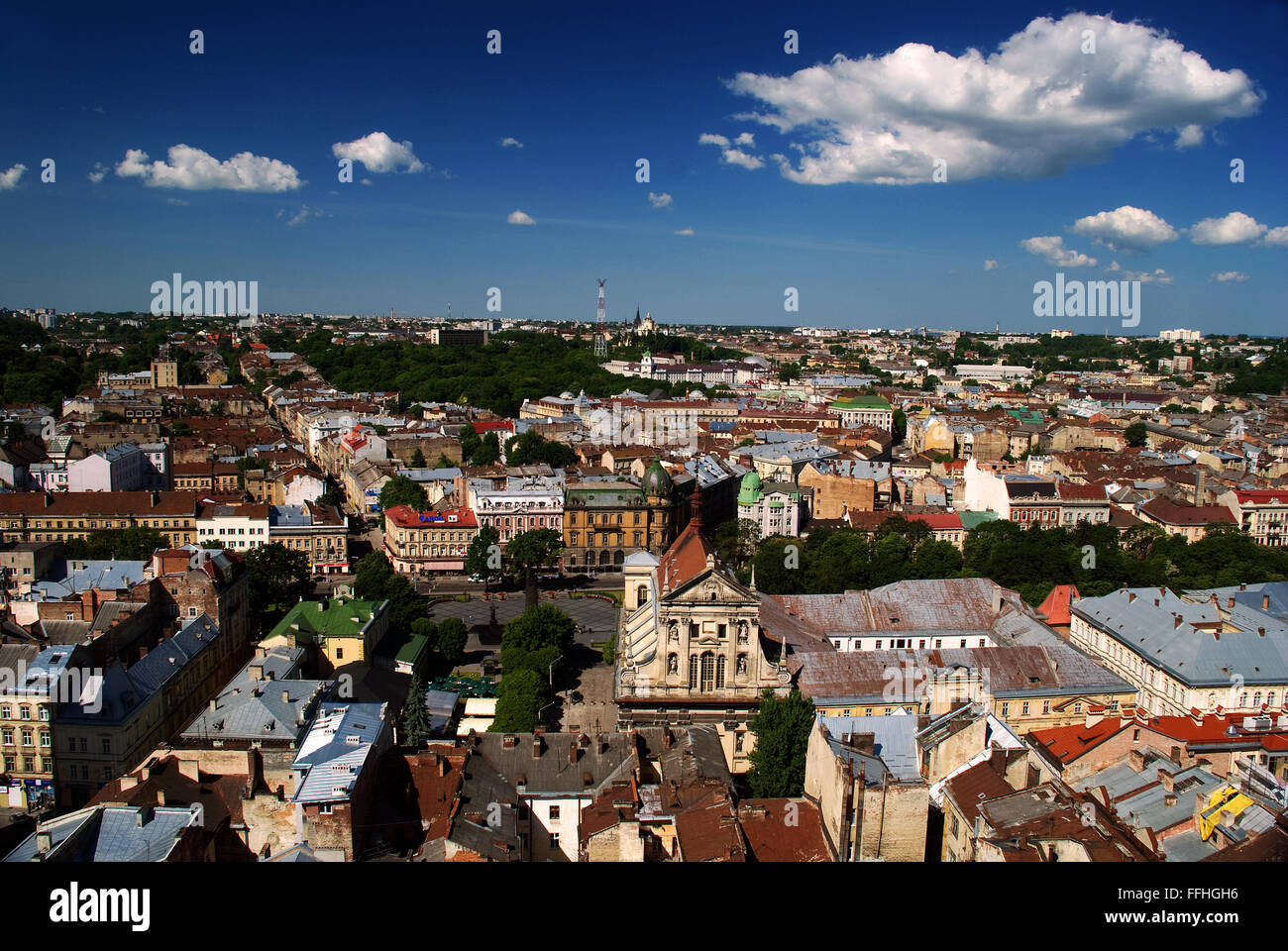 Lvov city view from height with buildings and people during the day ...