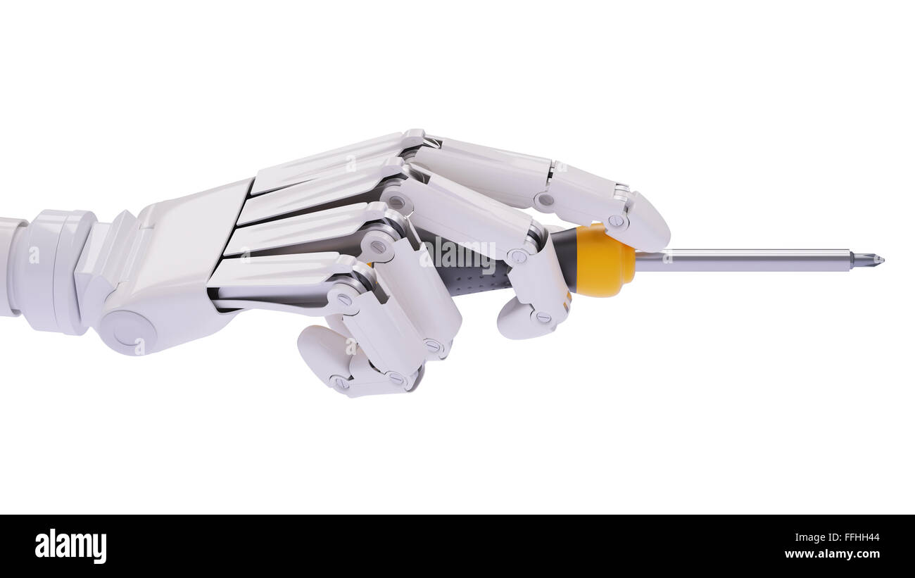 Robot hand with screwdriver, automation concept isolated on white ...