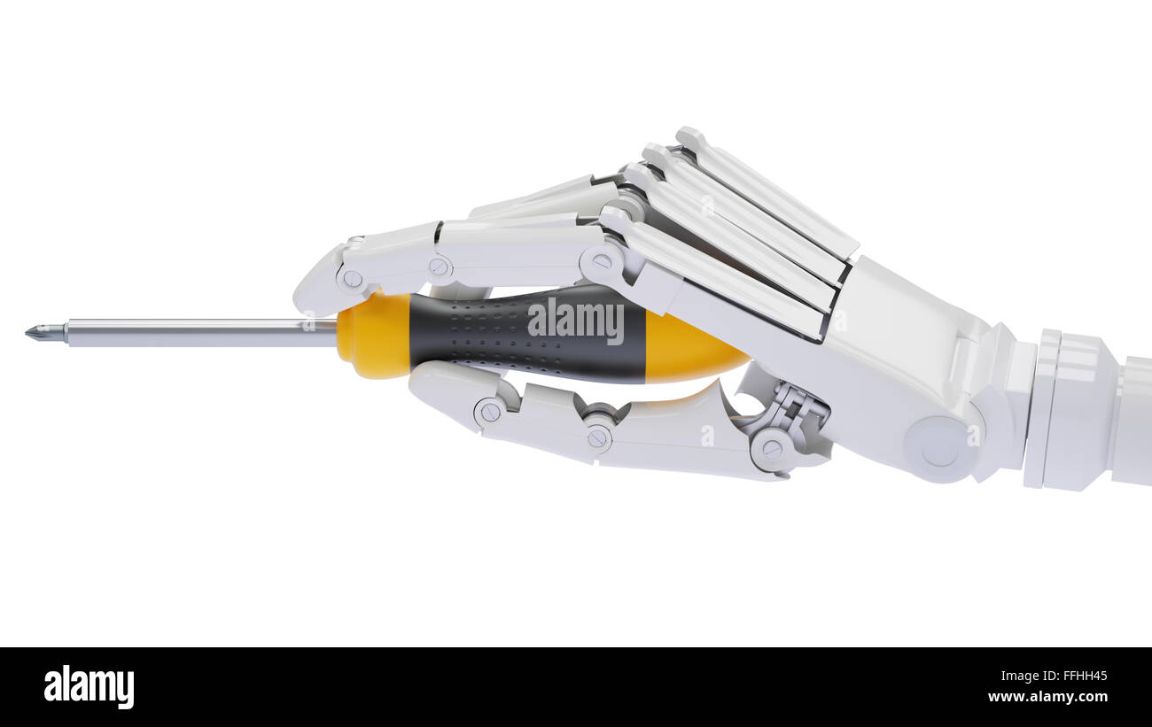 Robot hand with screwdriver, automation concept isolated on white ...