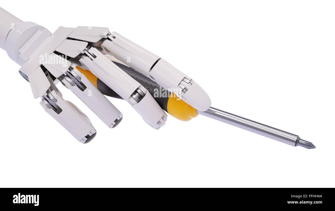 Robot hand with screwdriver, automation concept isolated on white ...
