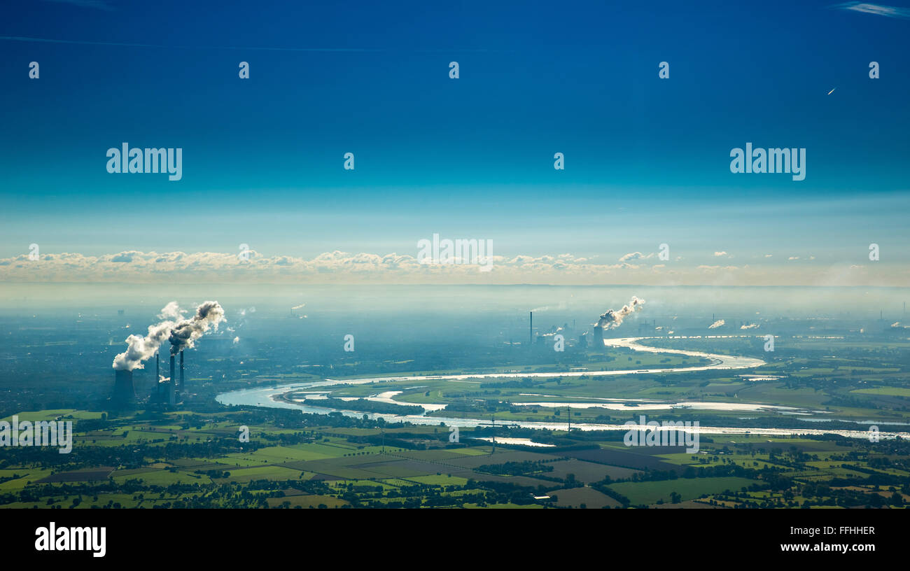 Aerial view, Rhine meander of Voerde and Duisburg seen from Rheinberg ...