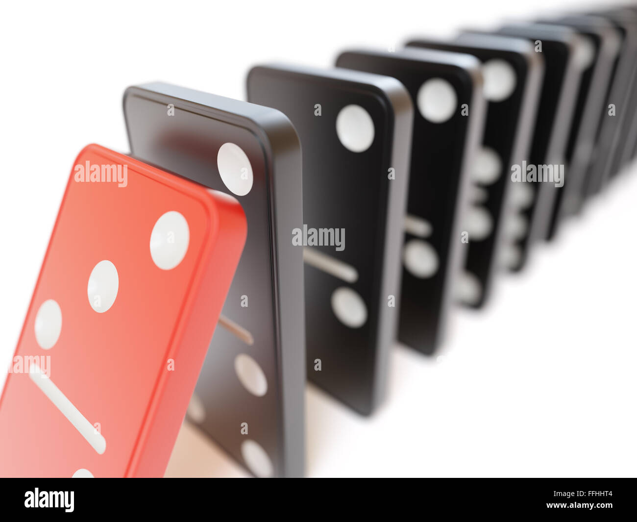 Weakest tile in domino row concept isolated on white Stock Photo - Alamy