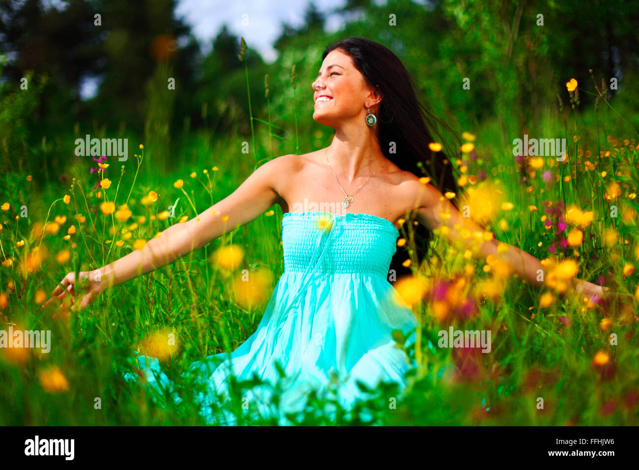 nature love woman on flower field Stock Photo - Alamy
