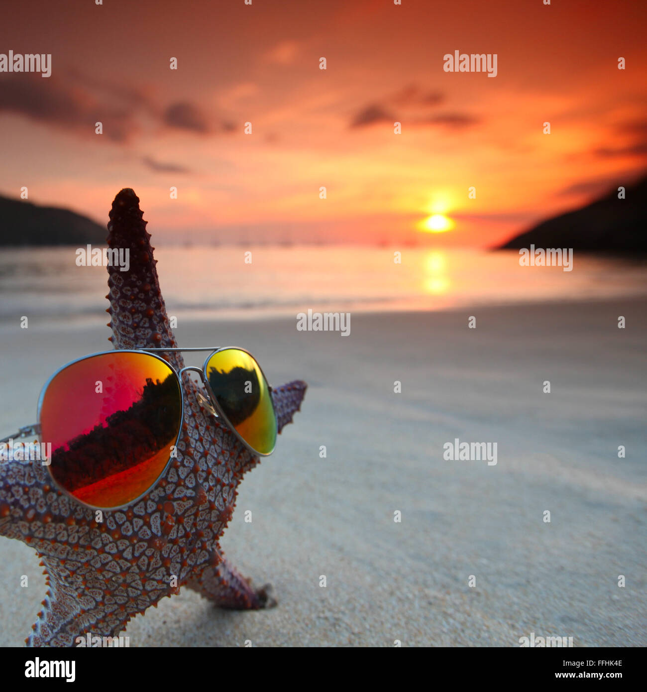 Starfish on the beach and beautiful sunset over the sea background ...