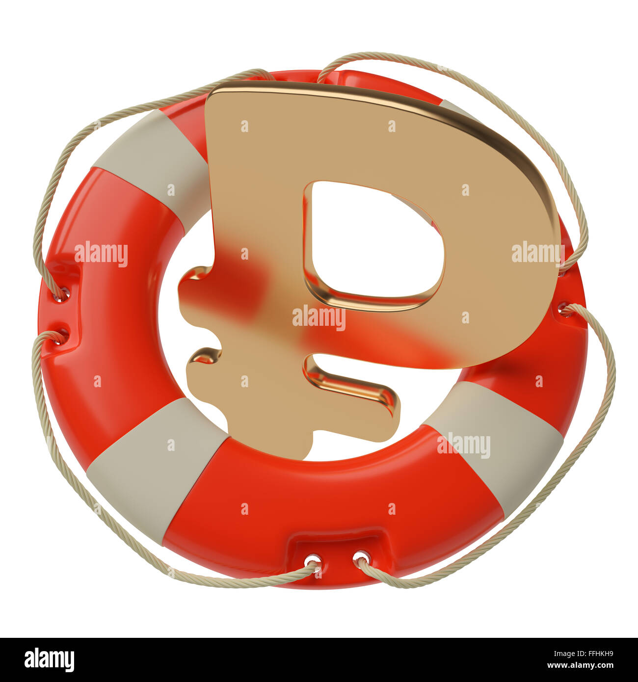 Russian rouble sign inside of lifebuoy isolated on white background ...