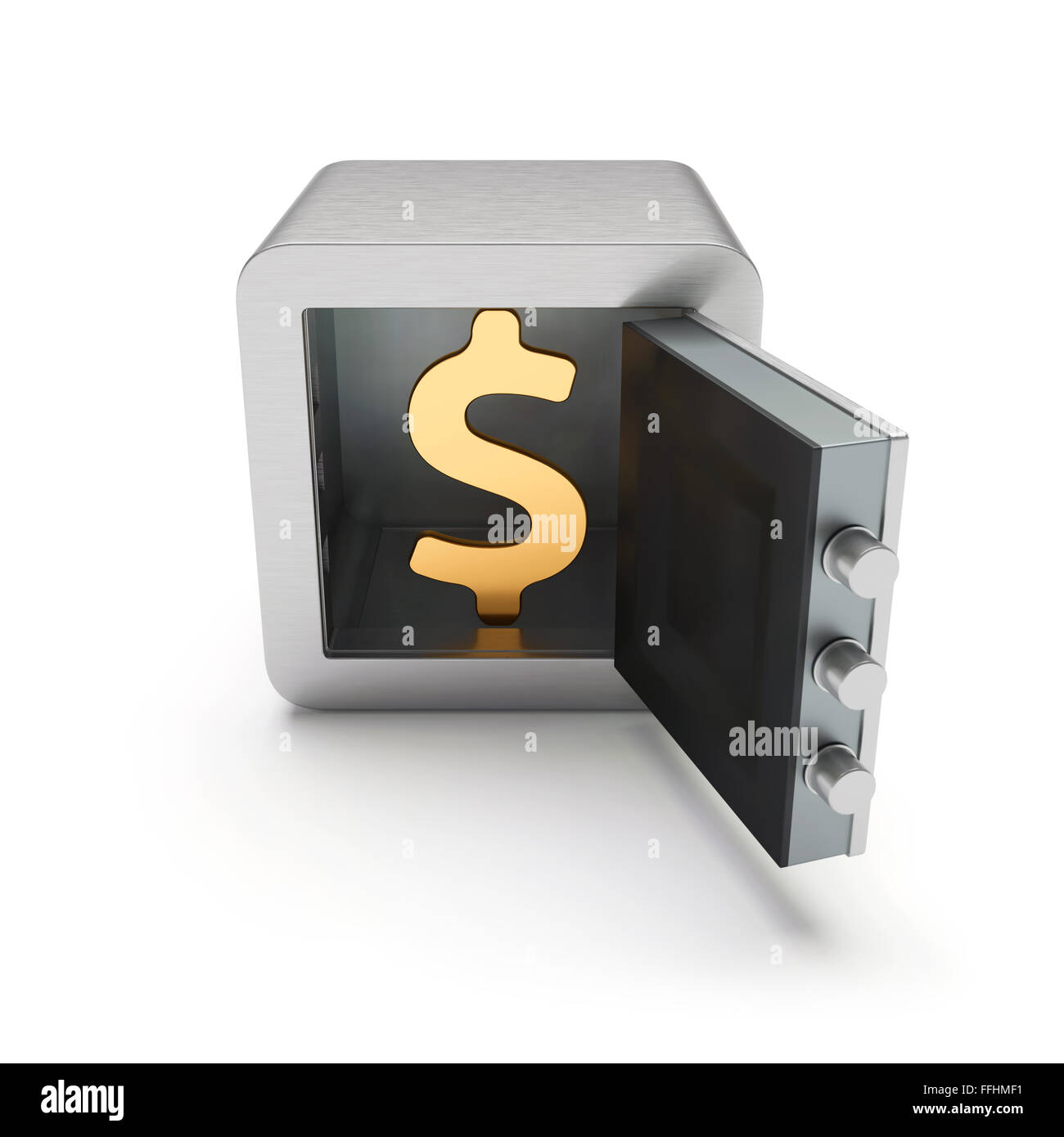 Open safe box with golden dollar sign inside isolated on white ...