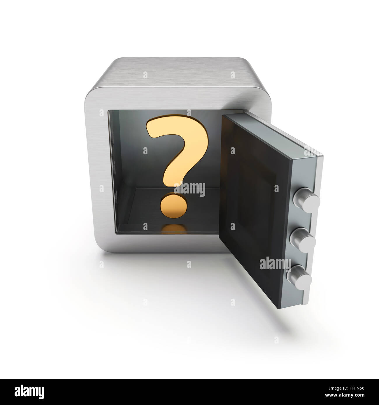Open safe box with golden question mark inside isolated on white ...