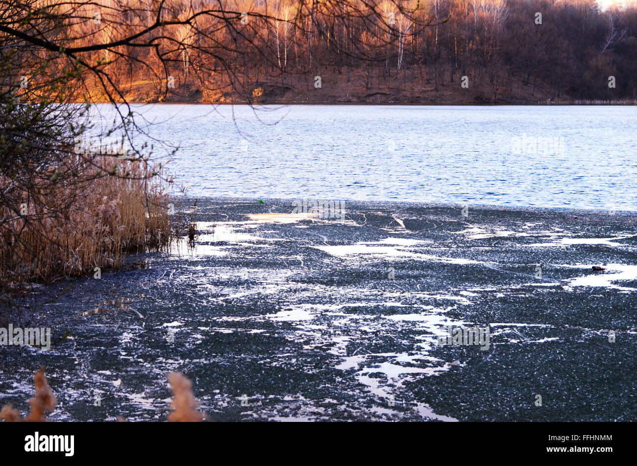 Spring landscape with melting ice on the lake on a clear day Stock ...