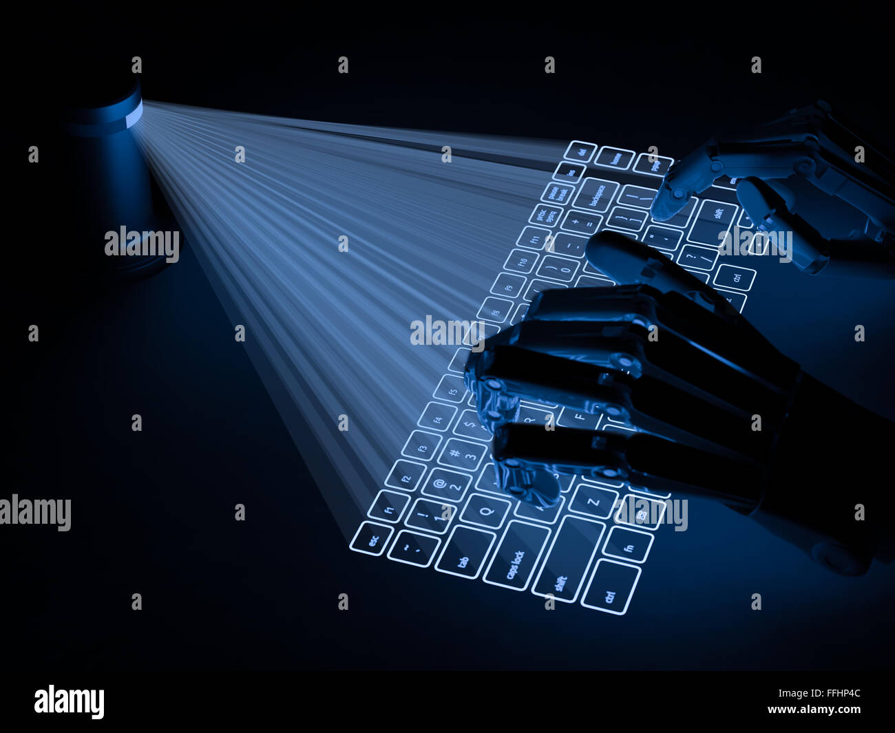 Conceptual virtual keyboard projected onto surface and hands of robot ...