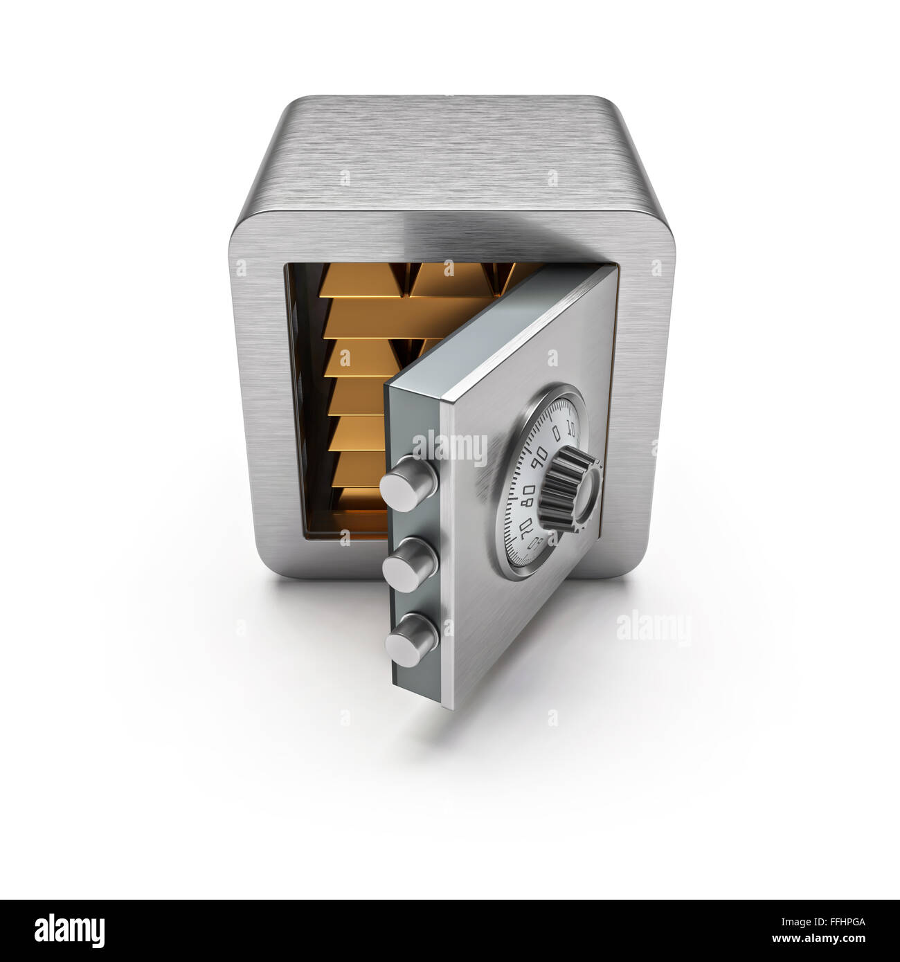 Open safe box with gold bars inside isolated on white Stock Photo - Alamy