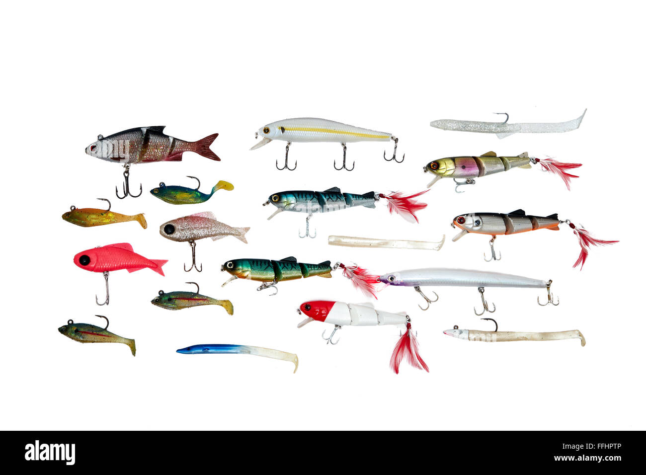 Fishing baits isolated on white background, top view Stock Photo - Alamy