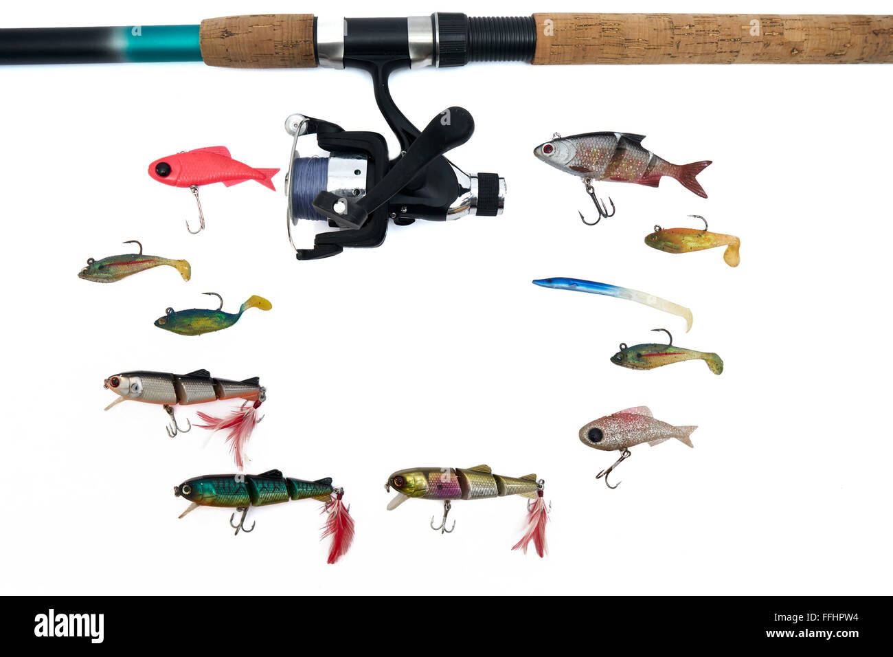 Spinning rod, reel and fishing baits isolated on white background, top ...