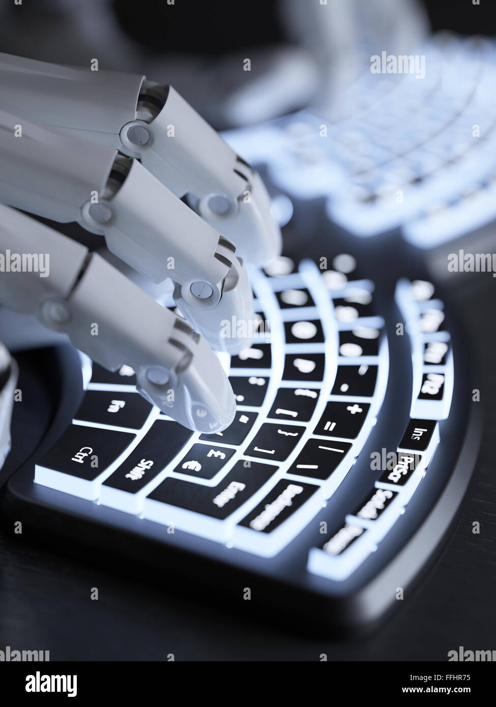 Robot typing on conceptual futuristic self-illuminated keyboard Stock ...