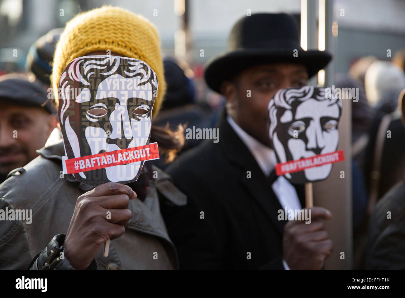 London, UK. 14th Feb, 2016. Black performers hold a ‘Bafta Blackout ...