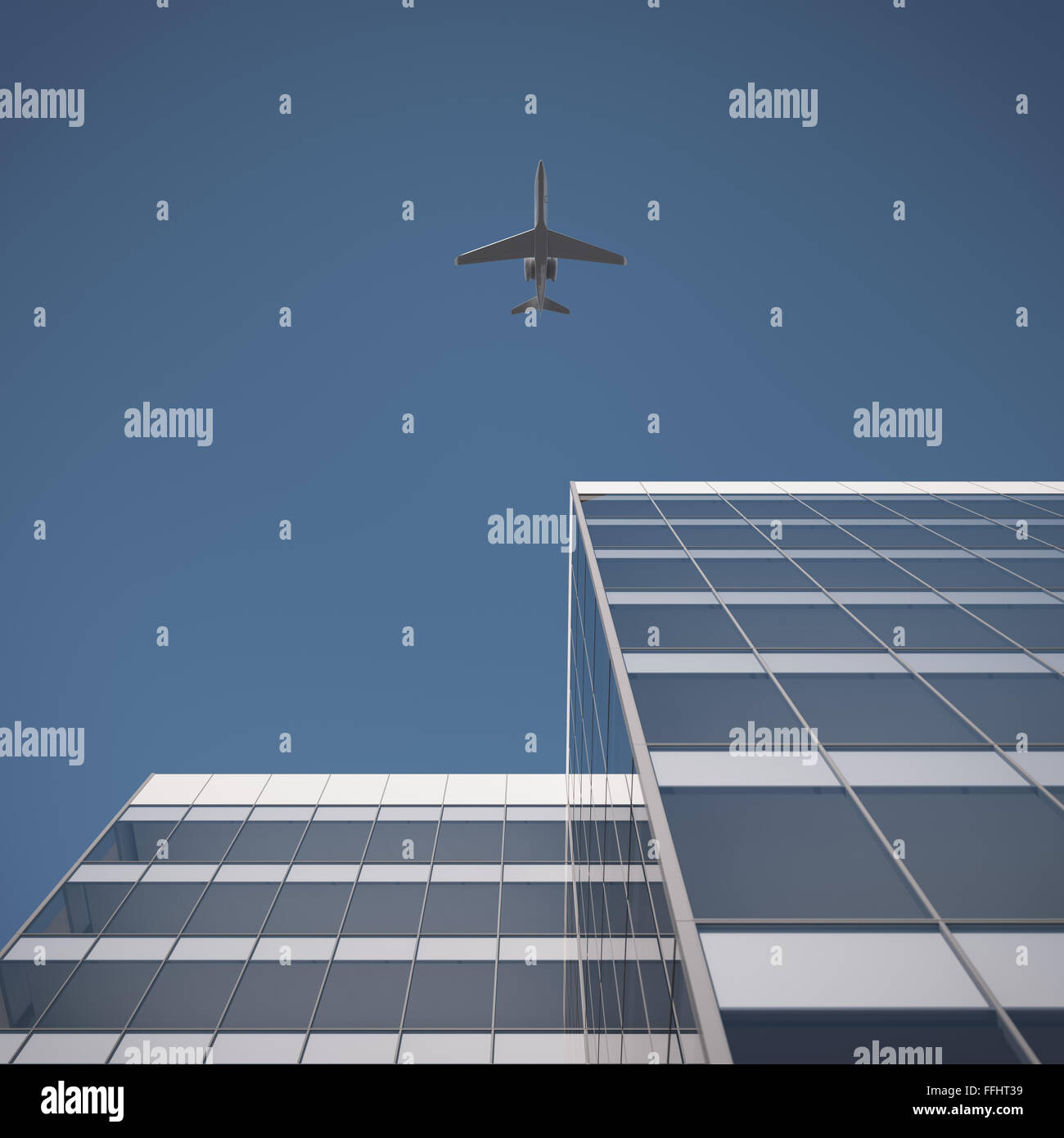 Airplane flying over office building Stock Photo - Alamy