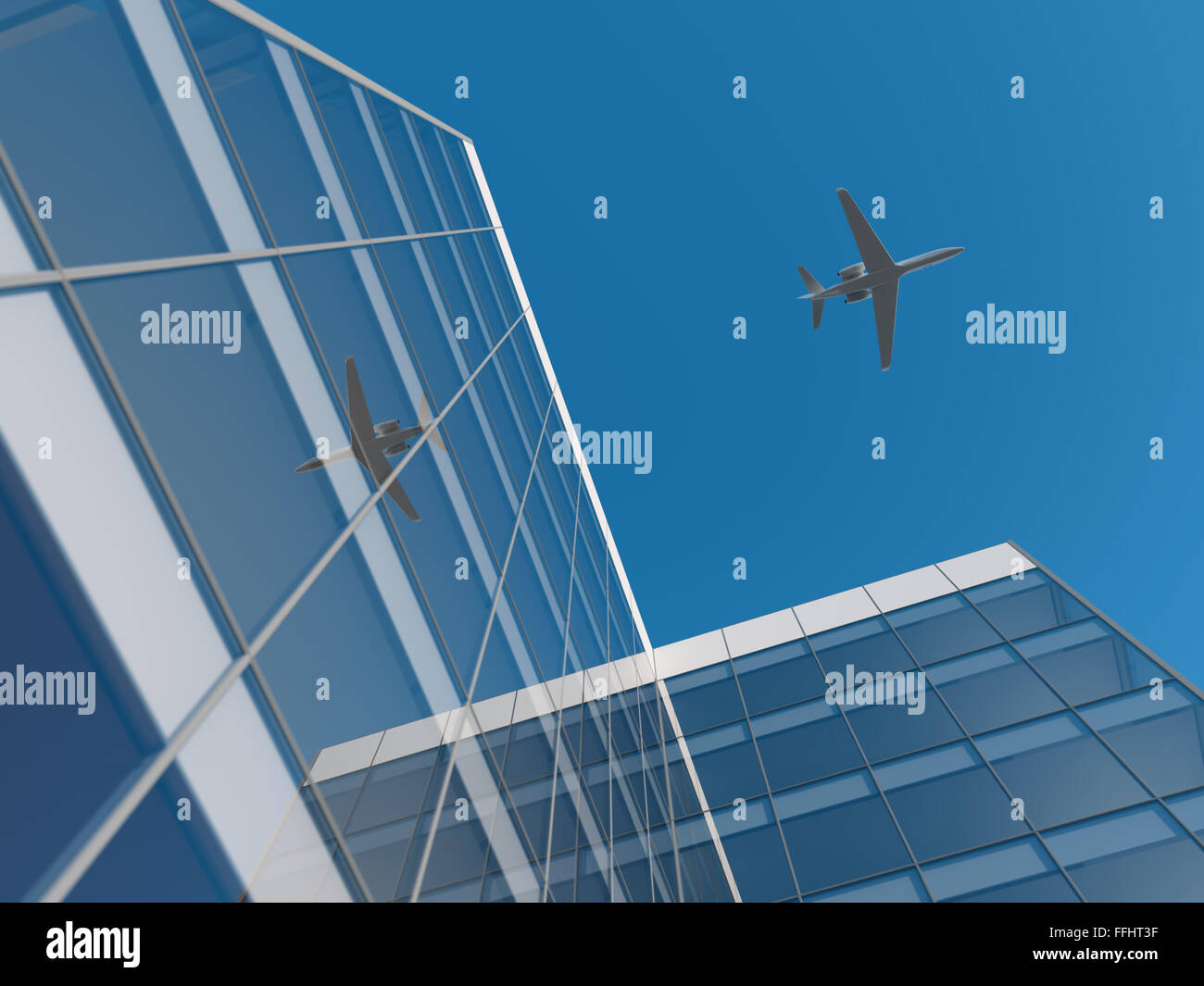 Airplane flying over office building Stock Photo - Alamy