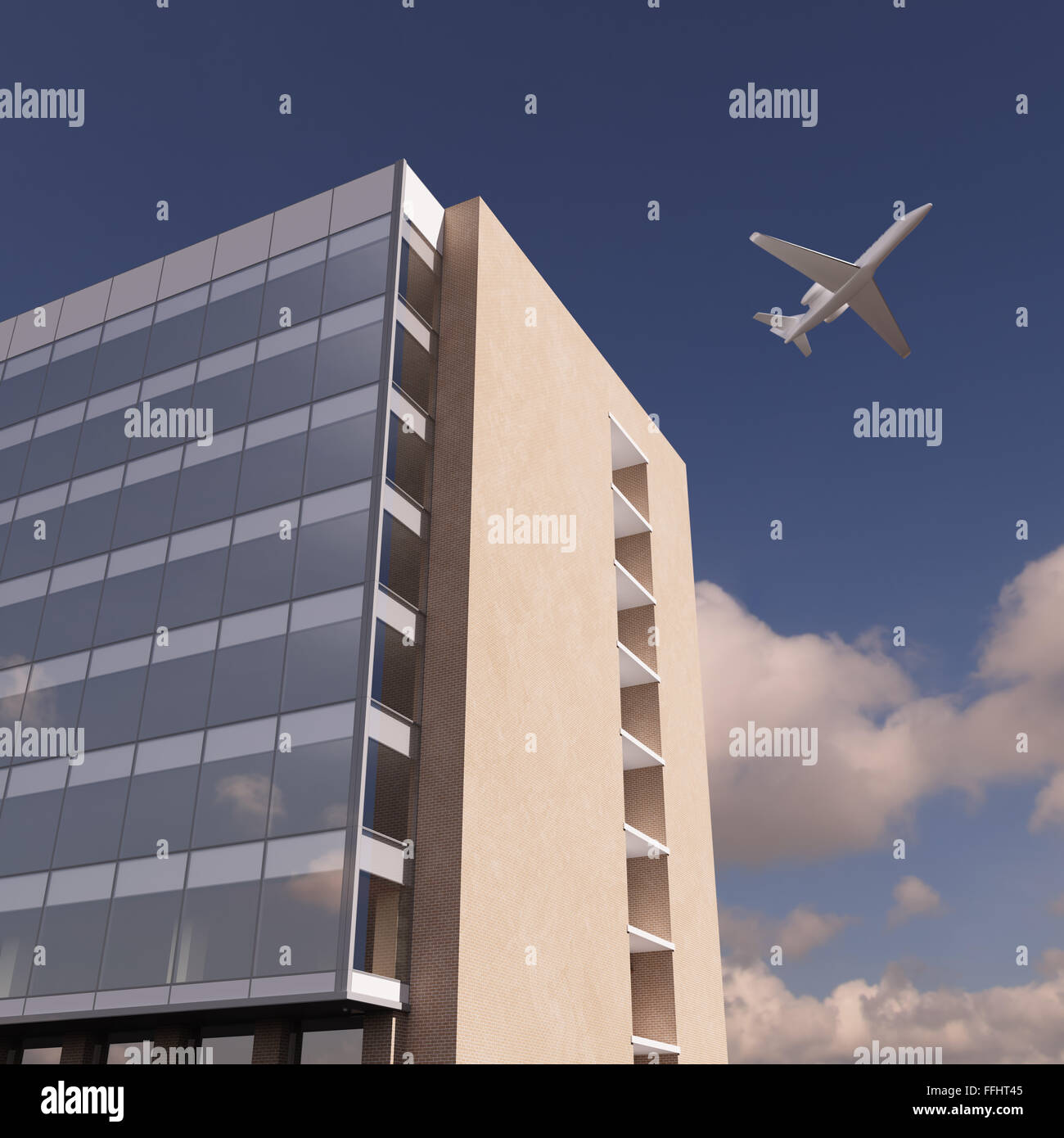 Airplane flying over office building Stock Photo - Alamy