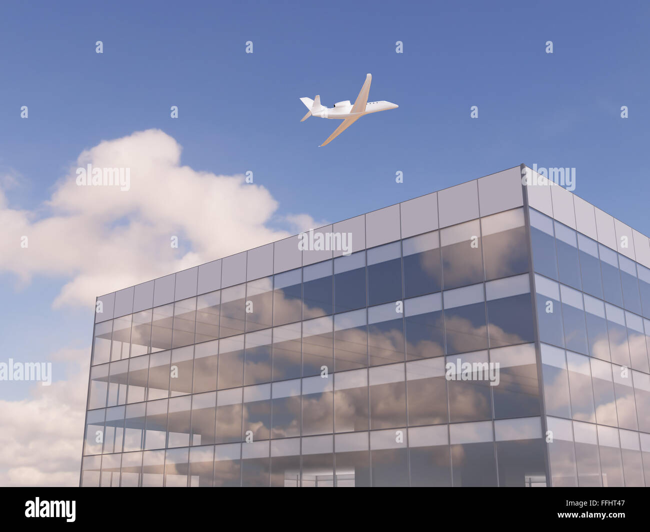 Airplane flying over office building Stock Photo - Alamy