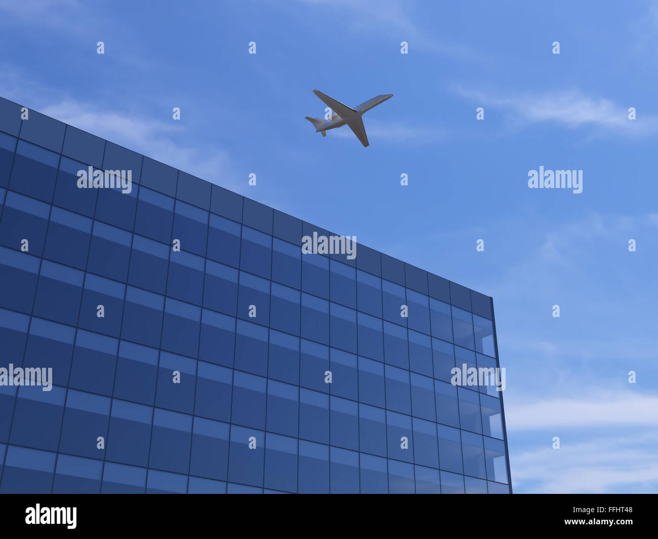 Airplane flying over office building Stock Photo - Alamy
