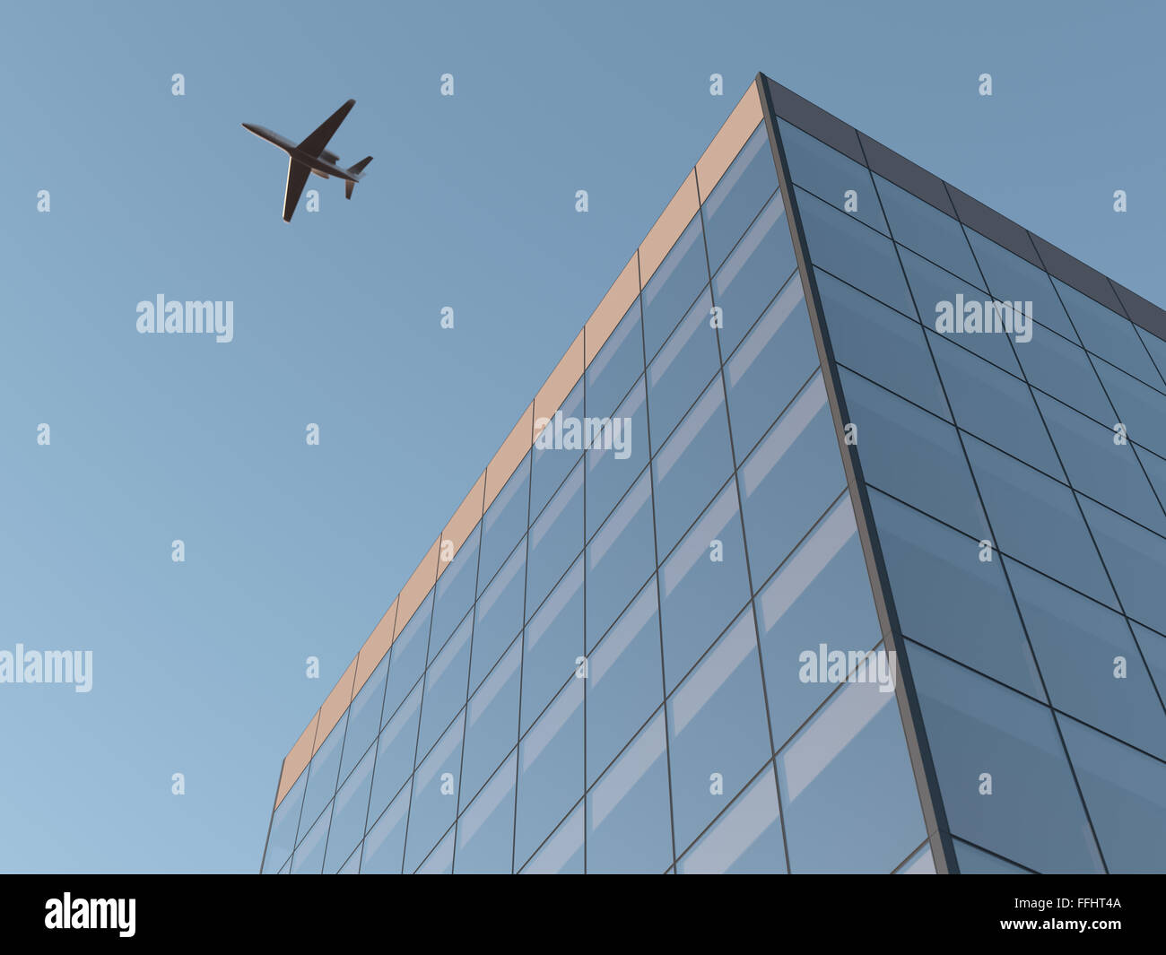 Airplane flying over office building Stock Photo - Alamy