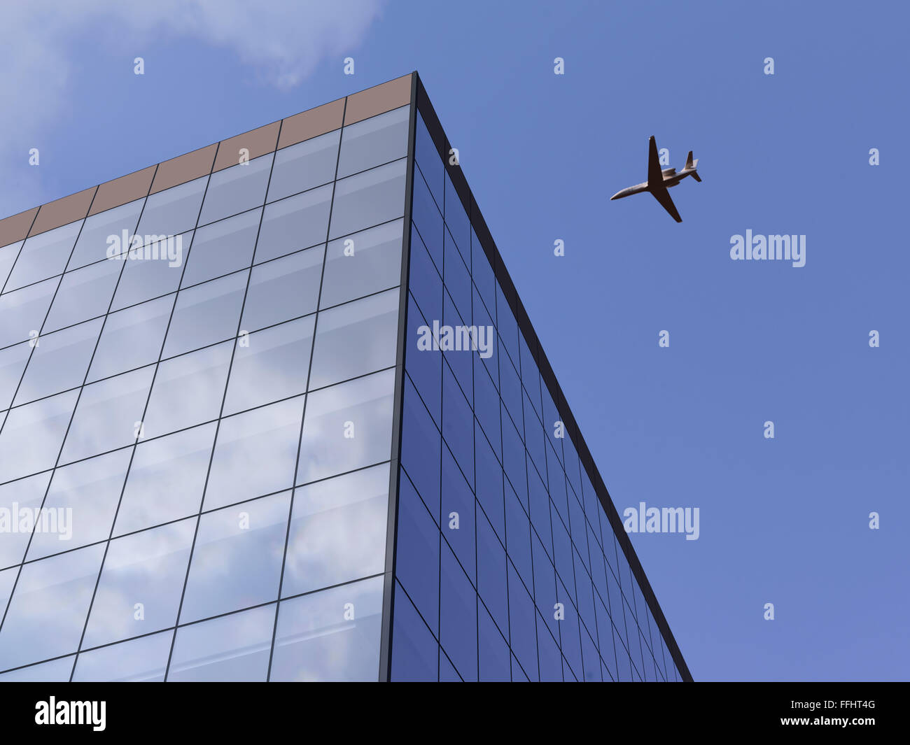 Airplane flying over office building Stock Photo - Alamy
