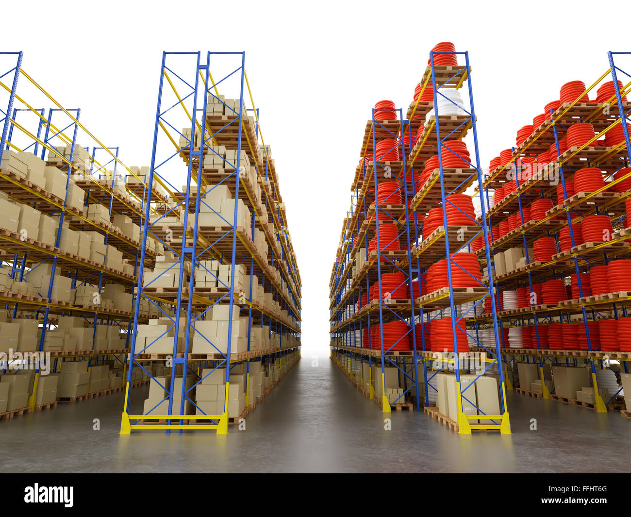 Storage racks with various boxes and merchandise on white background ...