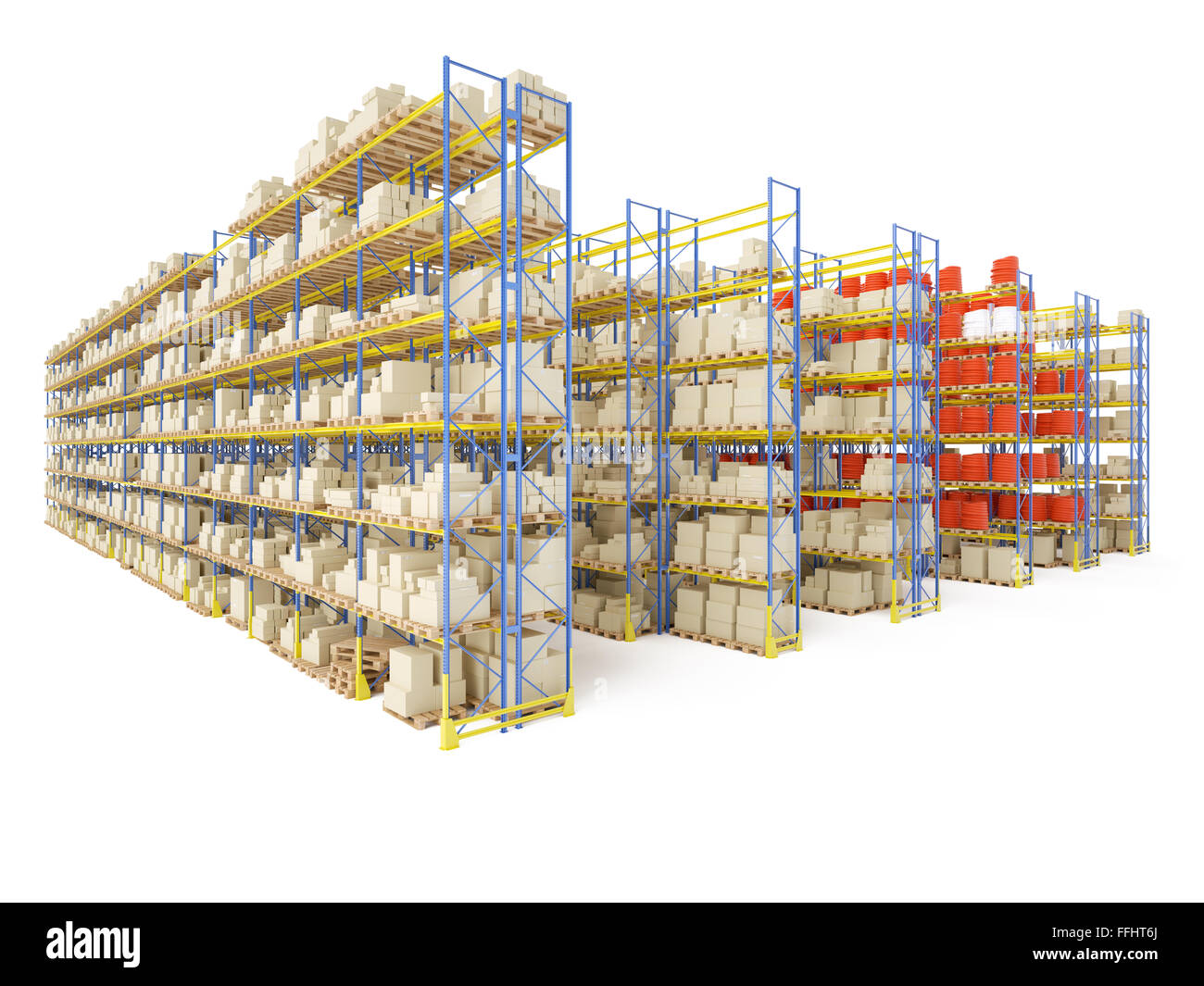 Storage racks with various boxes and merchandise isolated on white ...