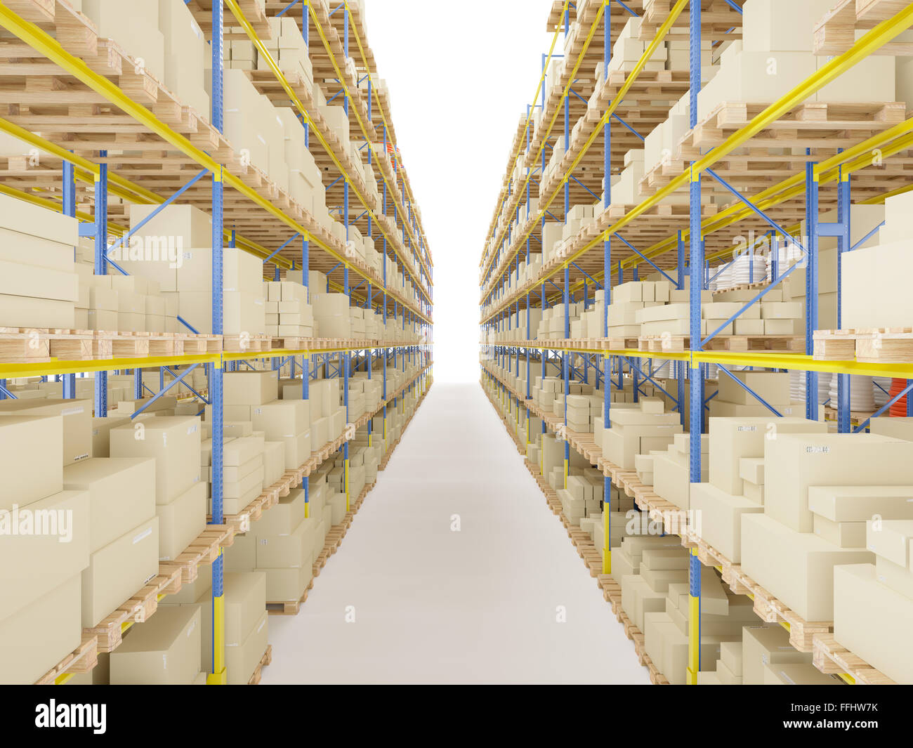 Storage racks with various boxes and merchandise isolated on white ...