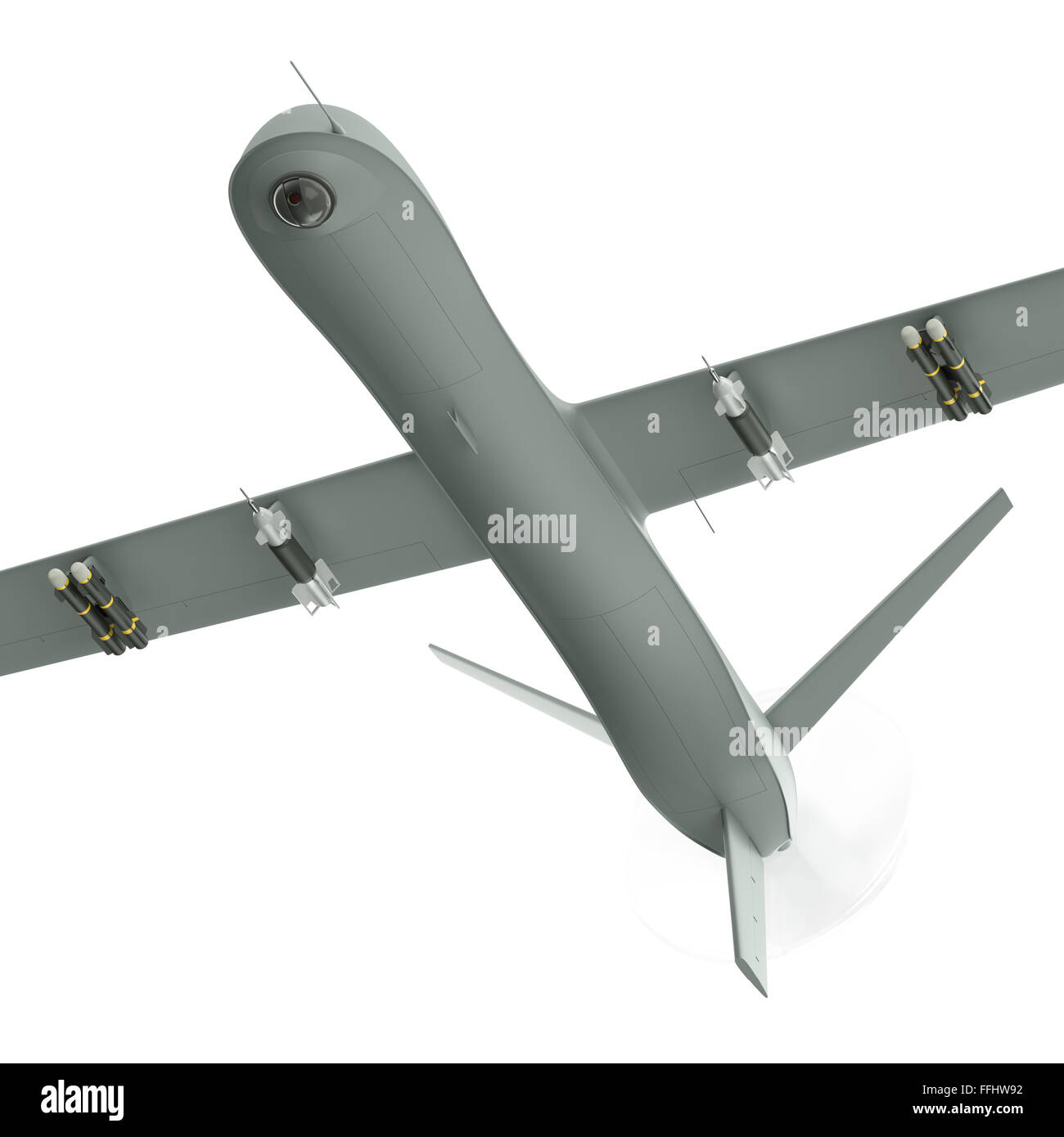 Military unmanned aerial vehicle (UAV) with missiles isolated on white ...