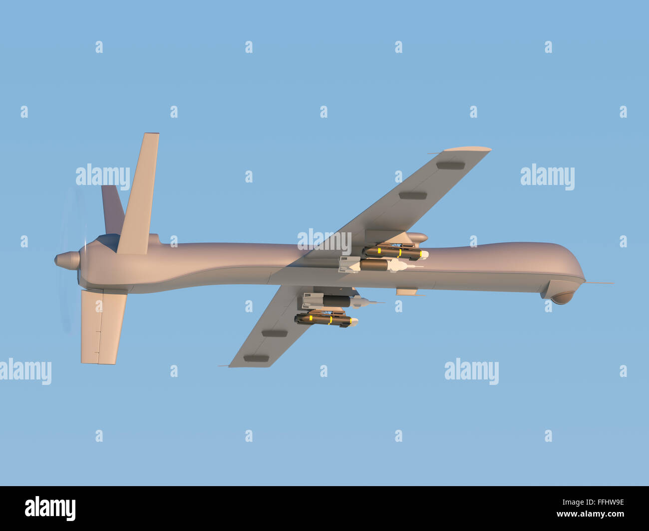 Military unmanned aerial vehicle (UAV) with missiles in the sky Stock ...