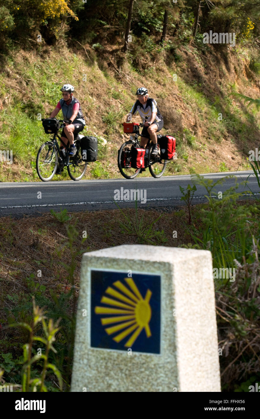 Way of St. James, Jacobean Route. A couple of pilgrims takes the route ...