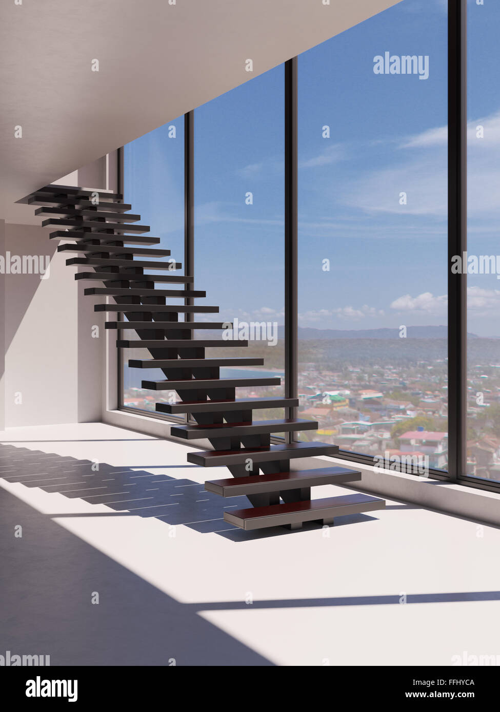 Abstract empty hall with panoramic window and staircase background ...