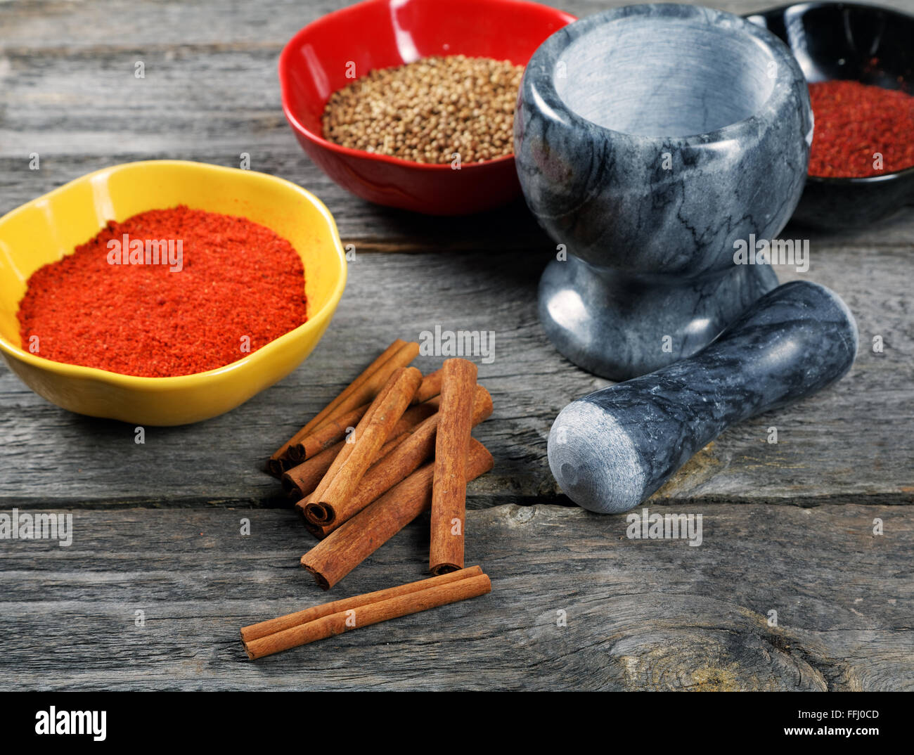 Still-life with ginger and cinnamon on an old kitchen table Stock Photo ...