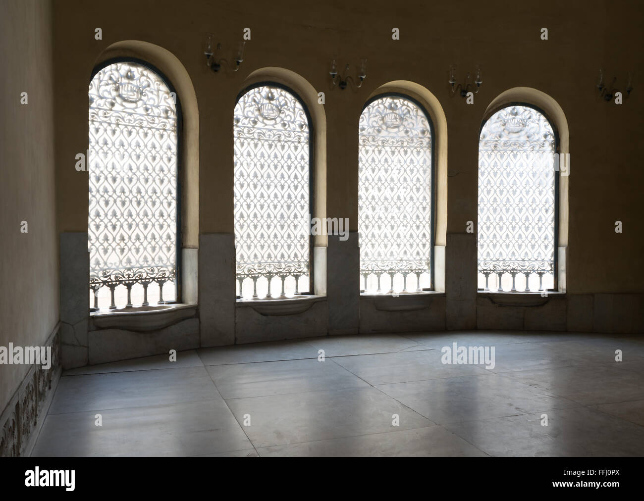 Four windows with iron decorated grid, historic mosque, Cairo, Egypt ...