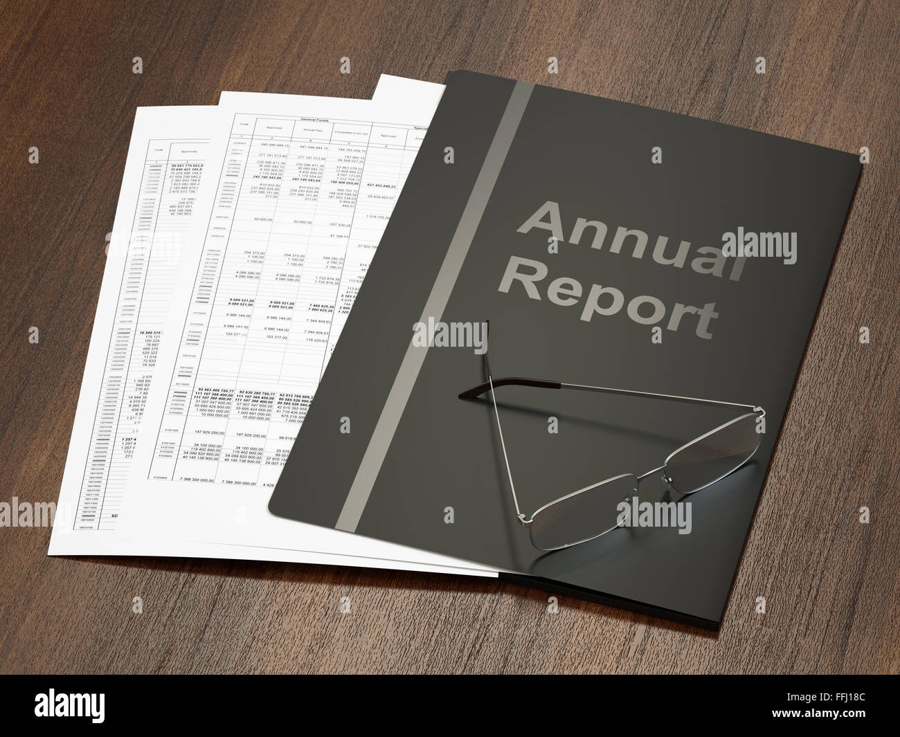 Black annual report folder with papers an glasses on dark wood table ...