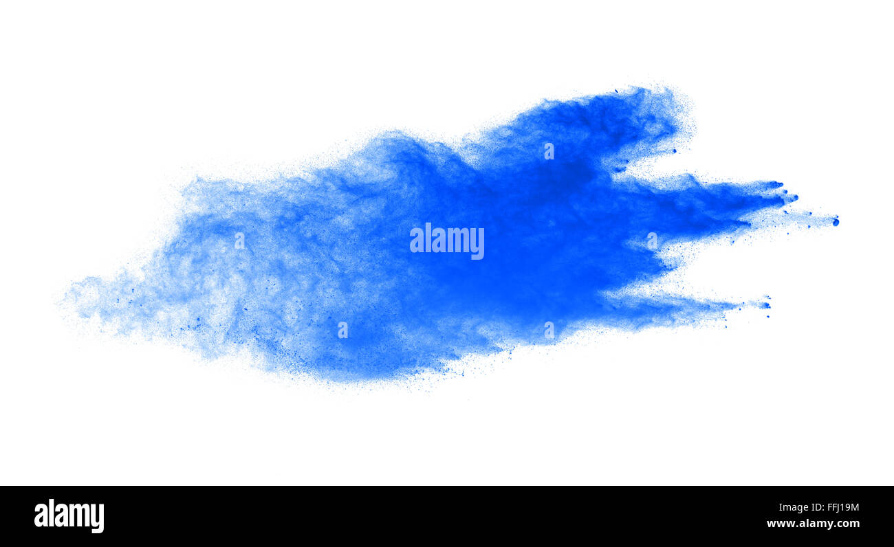 Blue powder explosion isolated on white background Stock Photo - Alamy