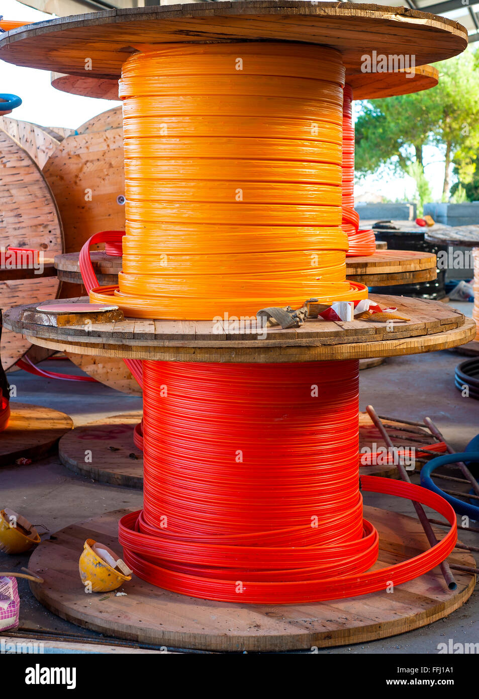 Wooden Coils cable duct for optical fibers Outdoor in a warehouse Stock ...