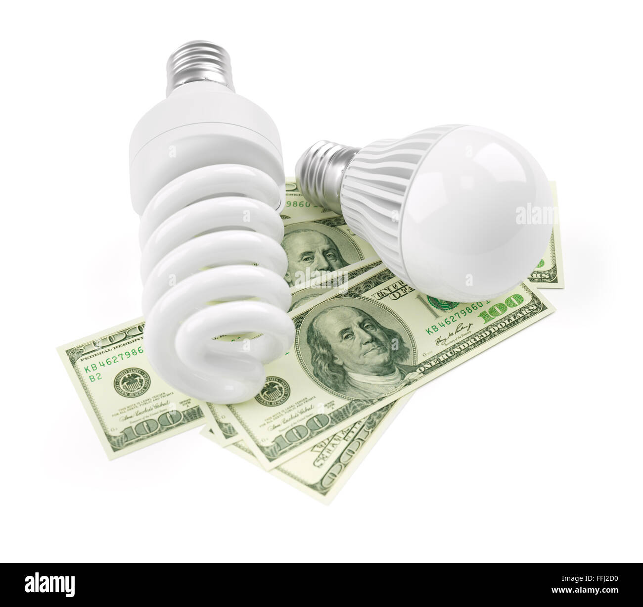 CFB and LED lamps on one hundred dollar bills isolated on white Stock ...