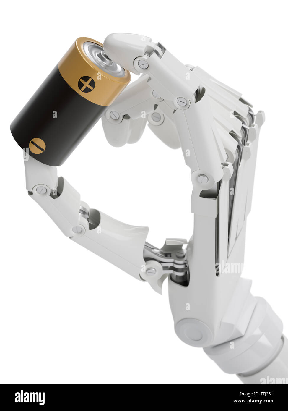 Battery in robot hand isolated on white Stock Photo - Alamy