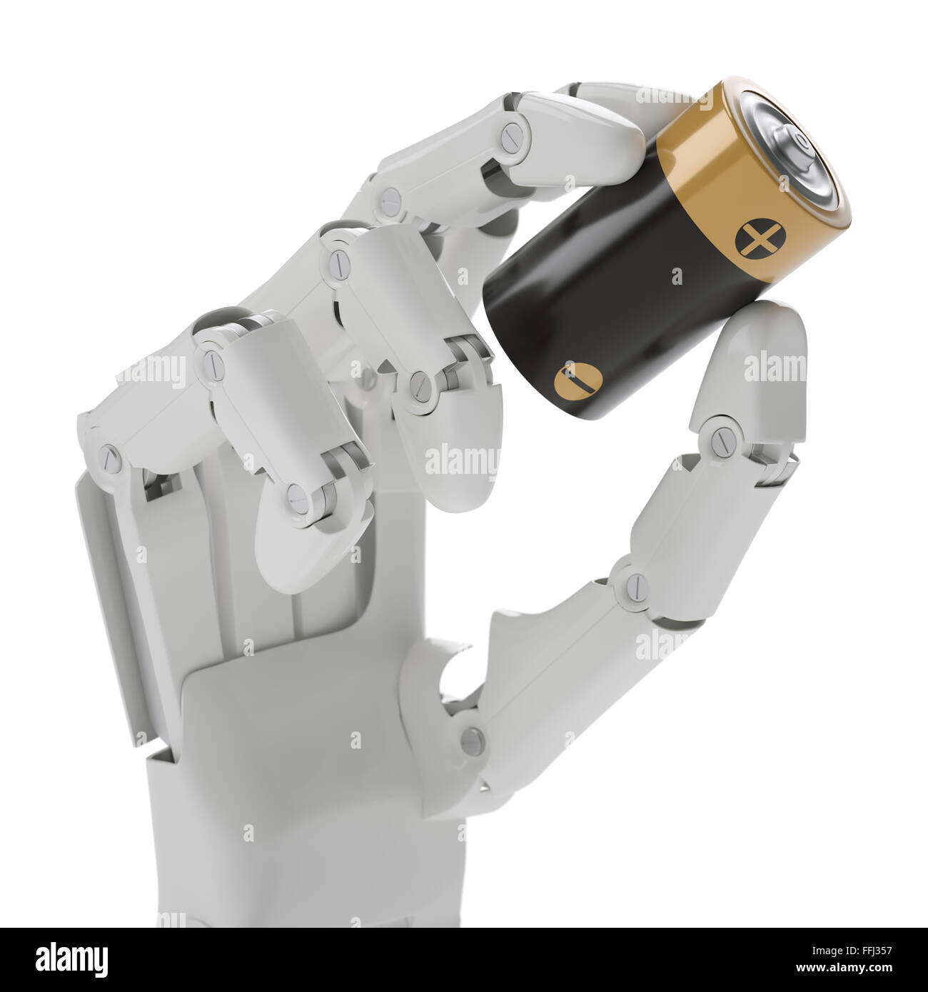 Battery in robot hand isolated on white Stock Photo - Alamy
