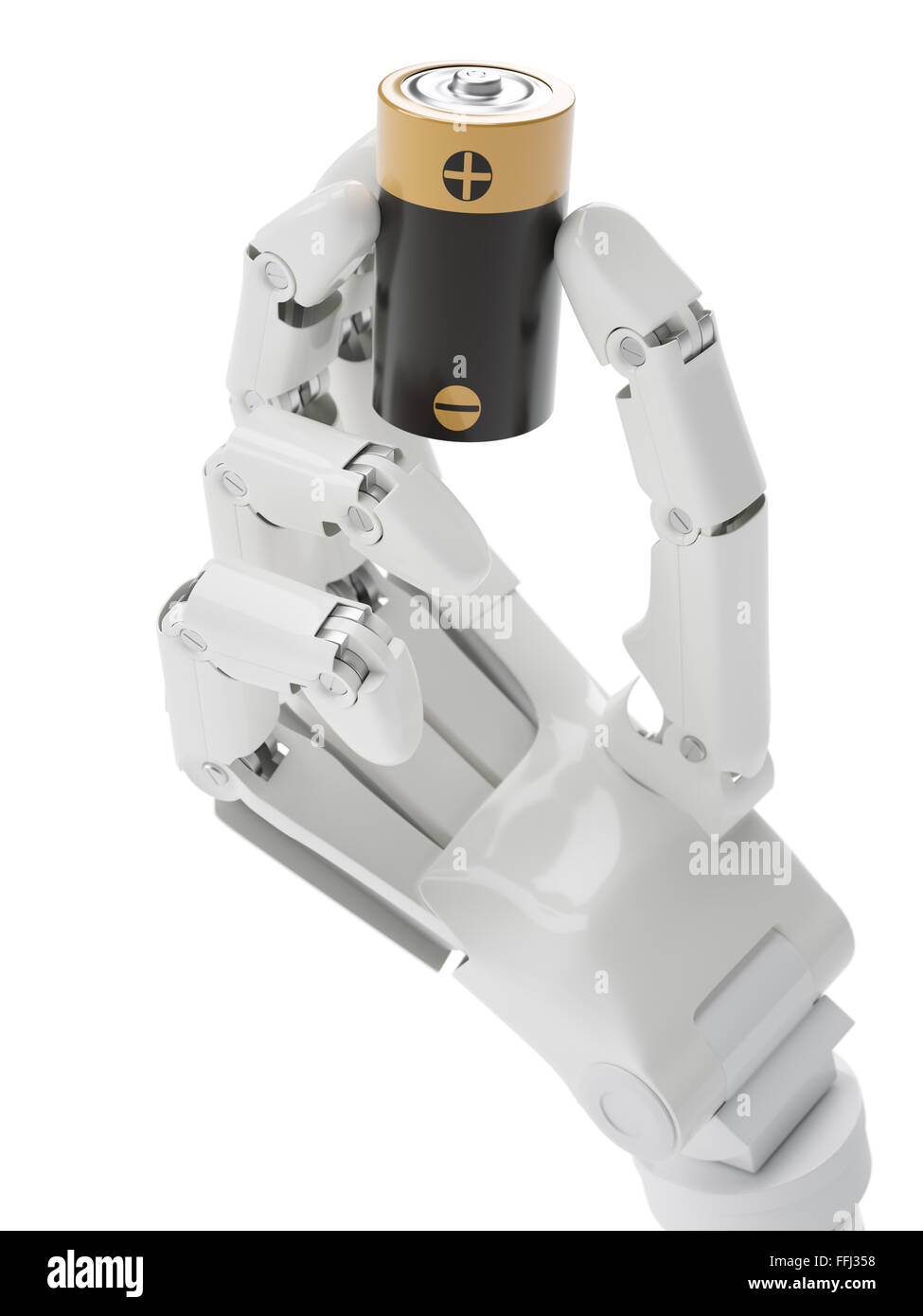 Battery in robot hand isolated on white Stock Photo - Alamy