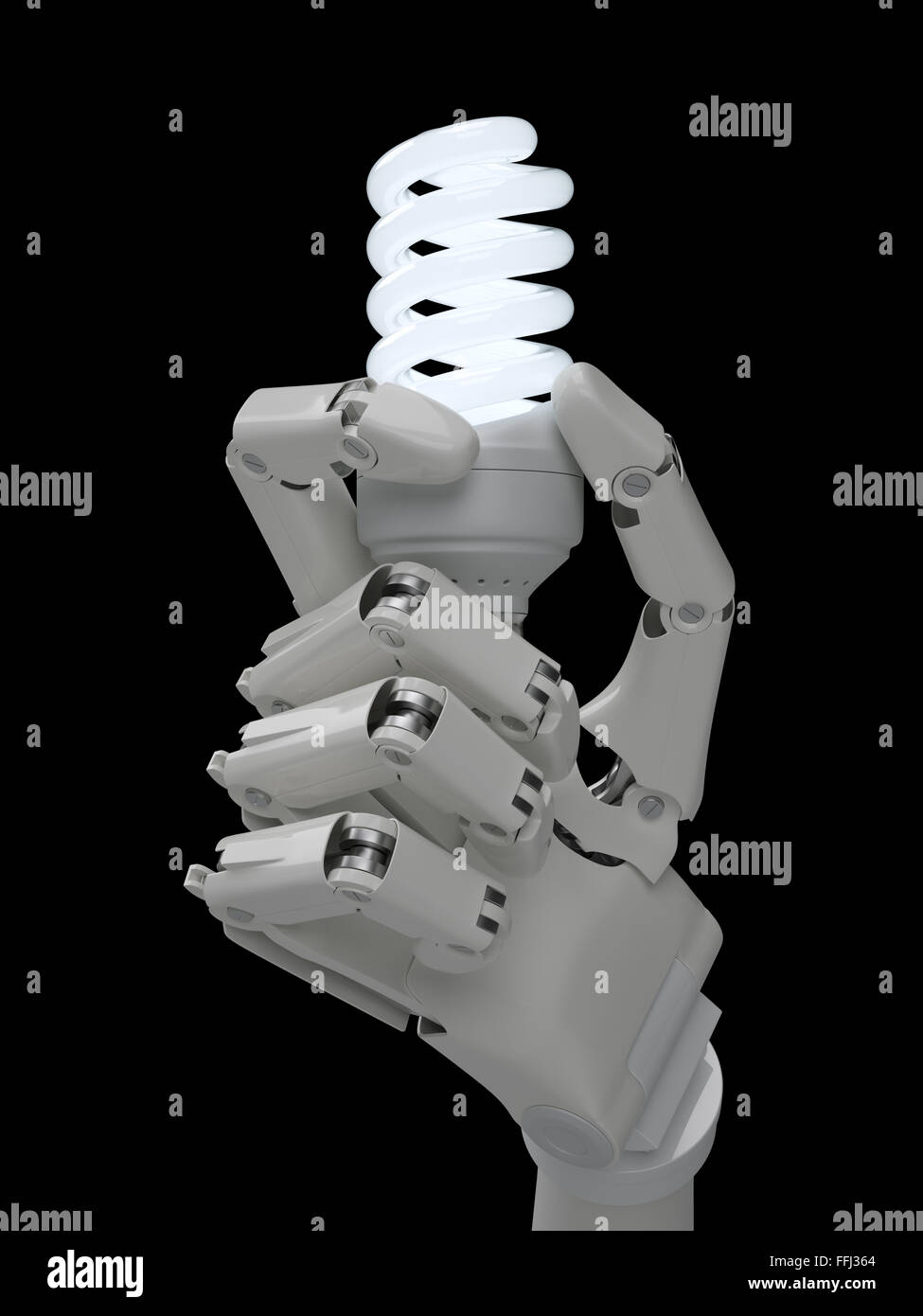 Glowing light bulb in robot hand isolated on black Stock Photo - Alamy
