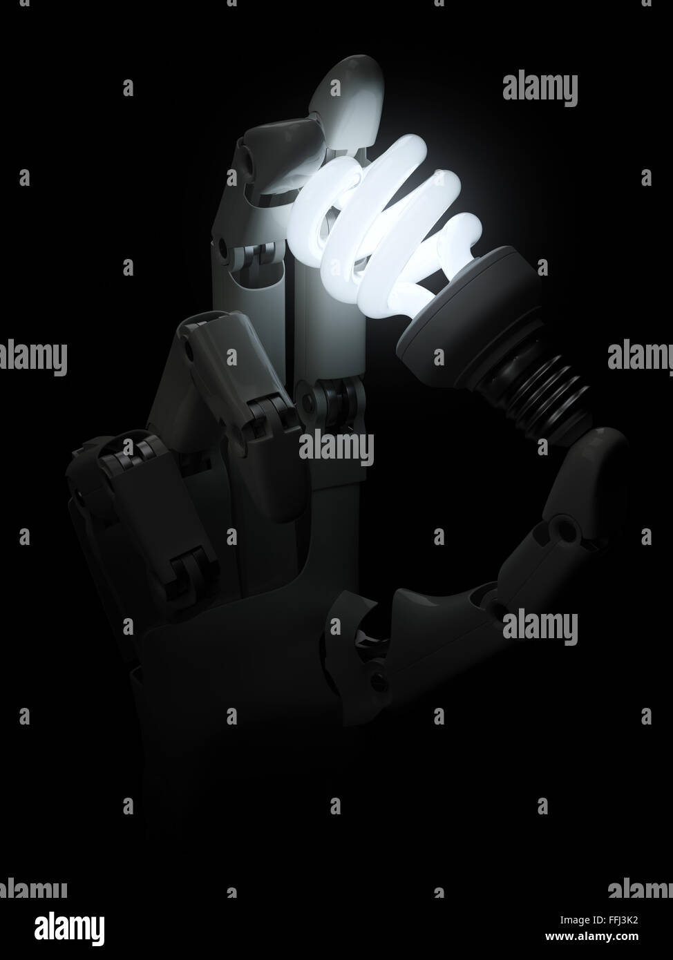 Glowing light bulb in robot hand isolated on black Stock Photo - Alamy