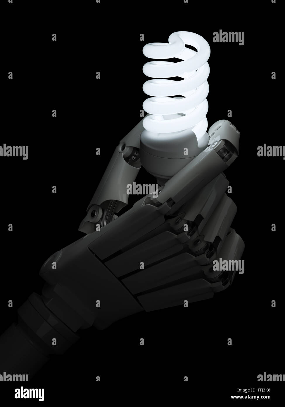 Glowing light bulb in robot hand isolated on black Stock Photo - Alamy